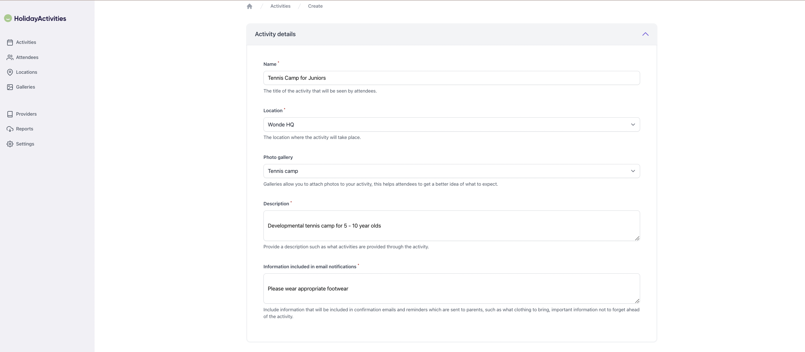 How to create an activity – Holiday Activities